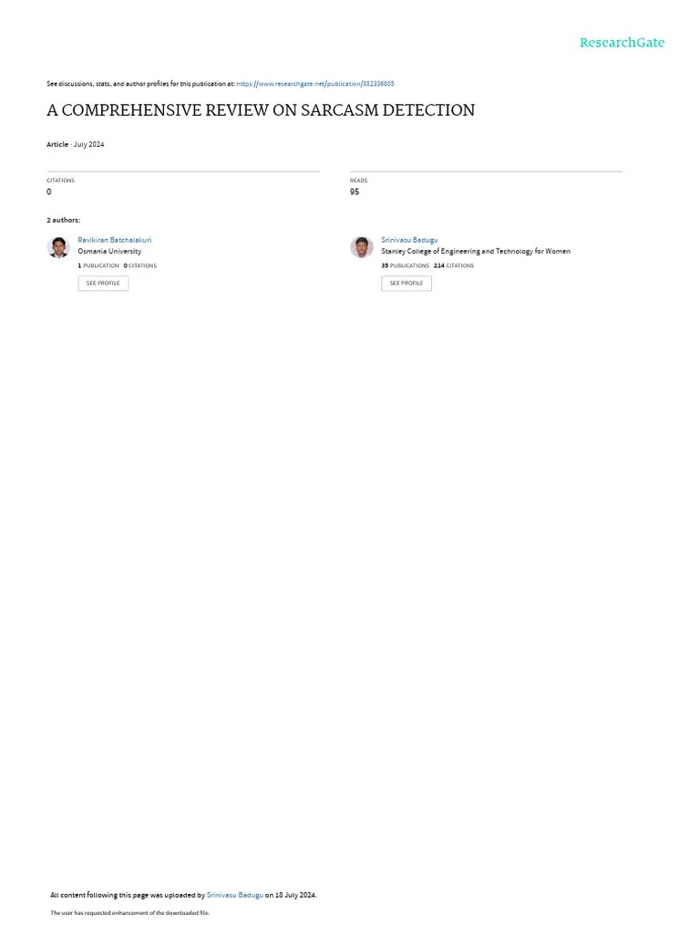 A Comprehensive Review On Sarcasm Detection Pdf Machine Learning