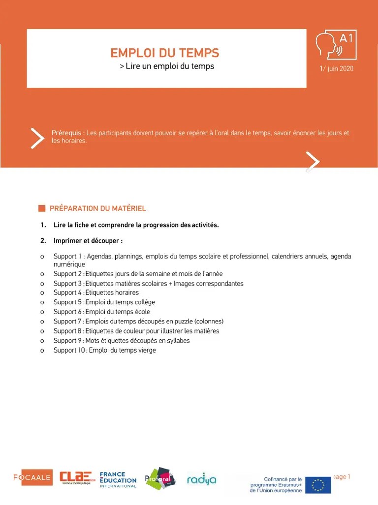 Focaale Emploi Du Temps Fr A1 Français Opérationnel Et Contextualisé