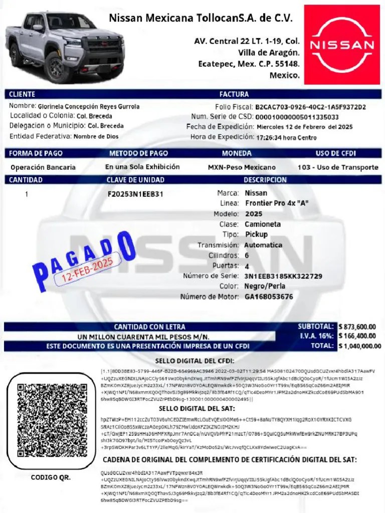 Factura Nissan Frontier Pro 4x4 2025 Pdf Vehículos Industria