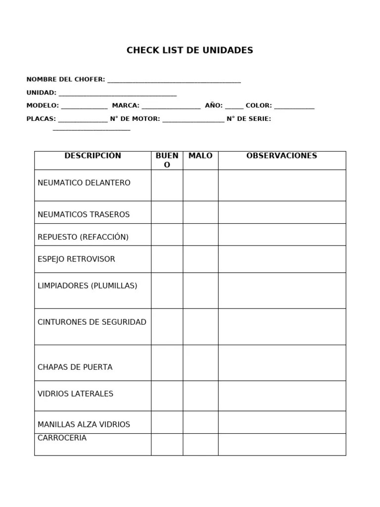 Checklist De Inspección De Unidades Pdf