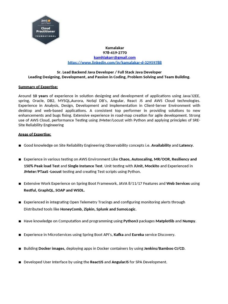 Senior Full Stack Java Developer Profile Pdf Spring Framework