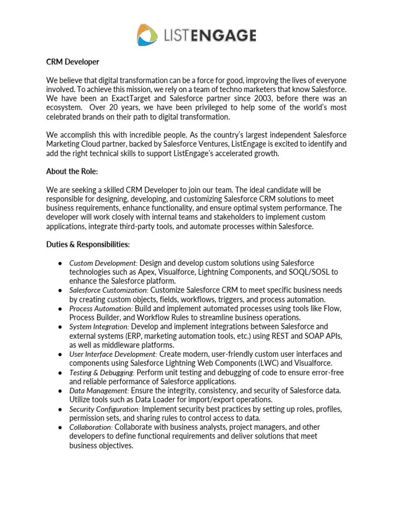 Jd Crm Developer 1 Pdf Cloud Computing Customer Relationship