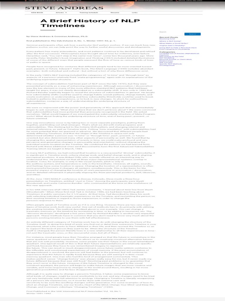 A Brief History Of Nlp Timelines Steve Andreas Pdf Neuro