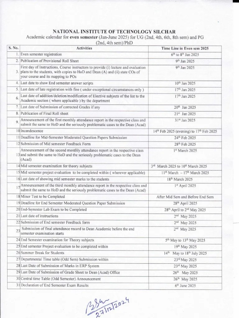 Academic Calendar For Even Semester 2024 25 Pdf
