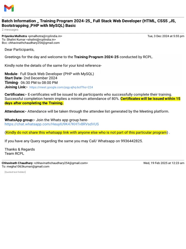 Gmail Batch Information Training Program 2024 25 Full Stack Web