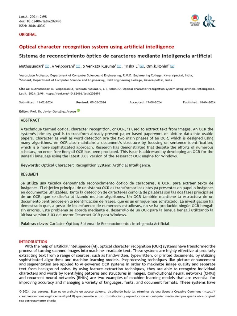 Optical Character Recognition System Using Artific Pdf Optical