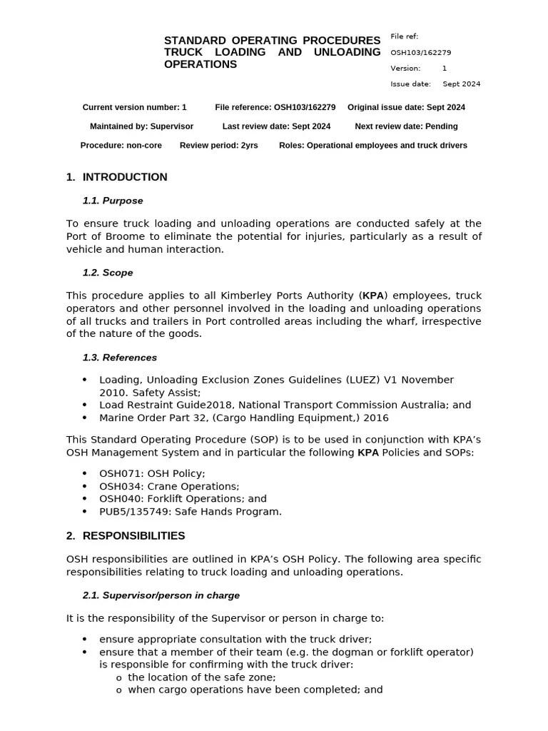 Truck Loading And Unloading Operations Sop Vip Pdf Truck
