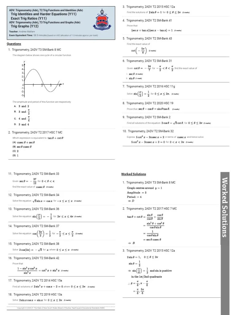 Trig Identities Equations And Graphs Hsc Revision Pdf Trigonometry