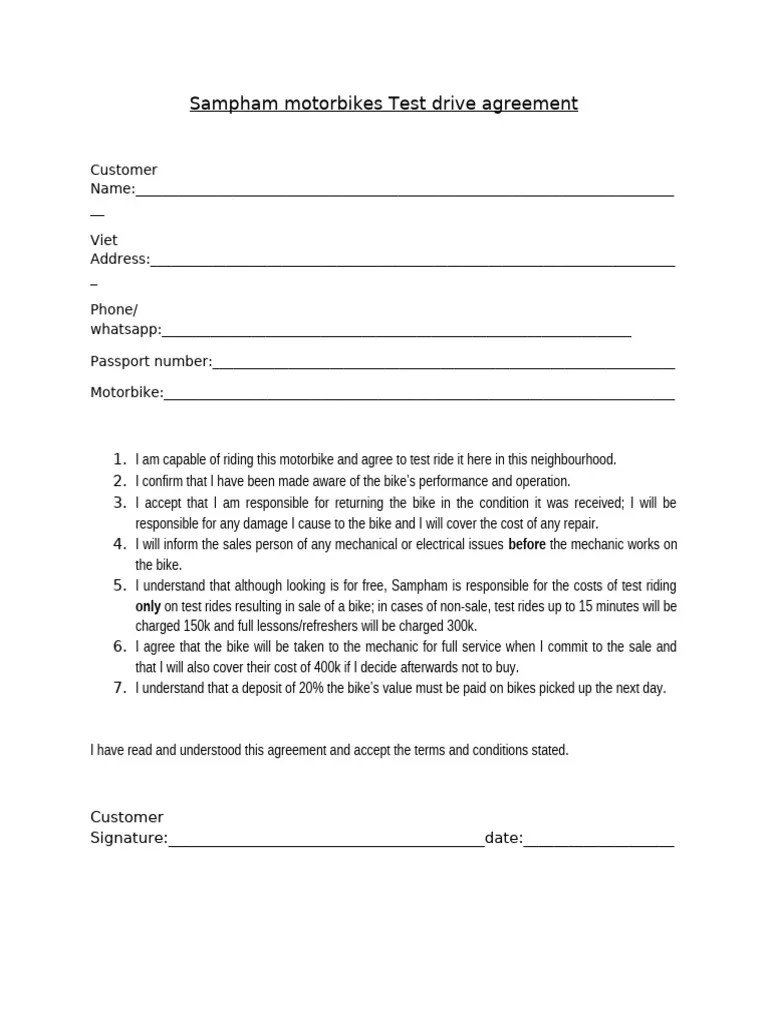 Test Drive Agreement Pdf