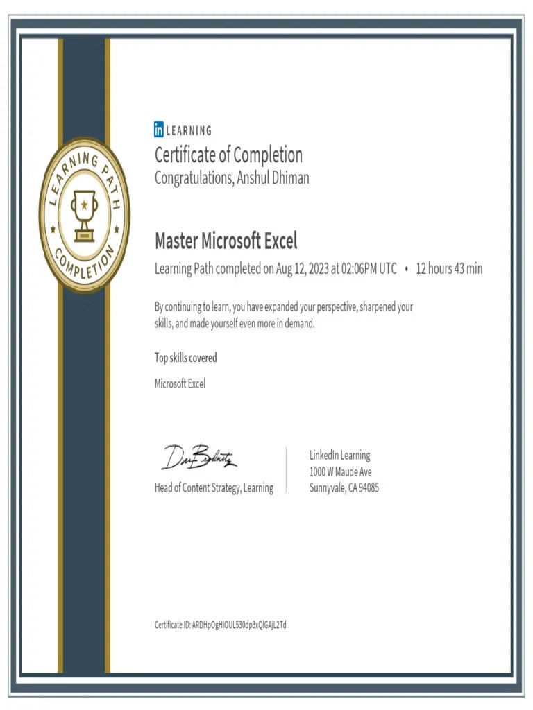 Microsoft Excel Completion Certificate Pdf