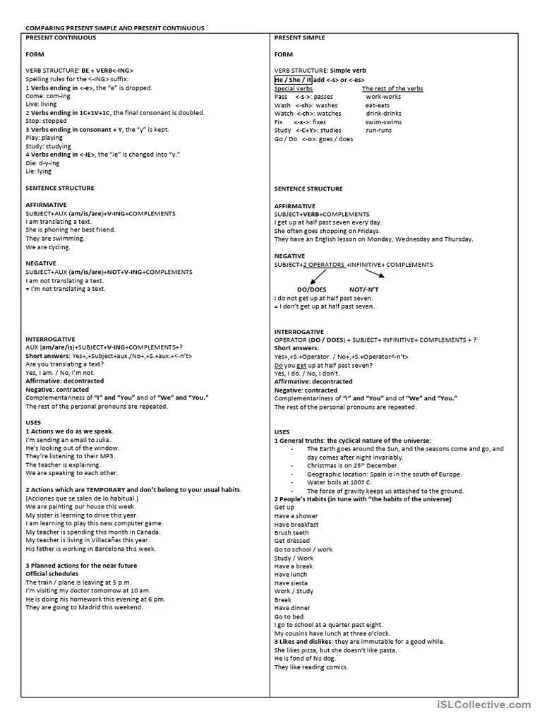Present Simple Vs Present Continuous Pdf Adverb Linguistics