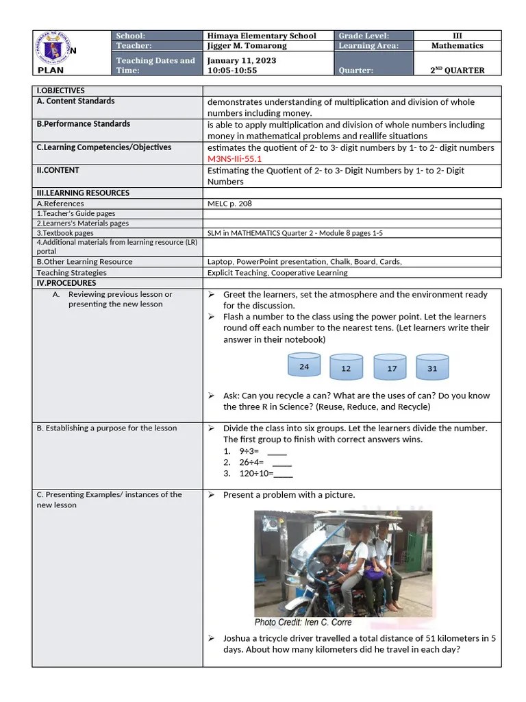 Lesson Plan In Grade 3 Math Pdf Division Mathematics Learning