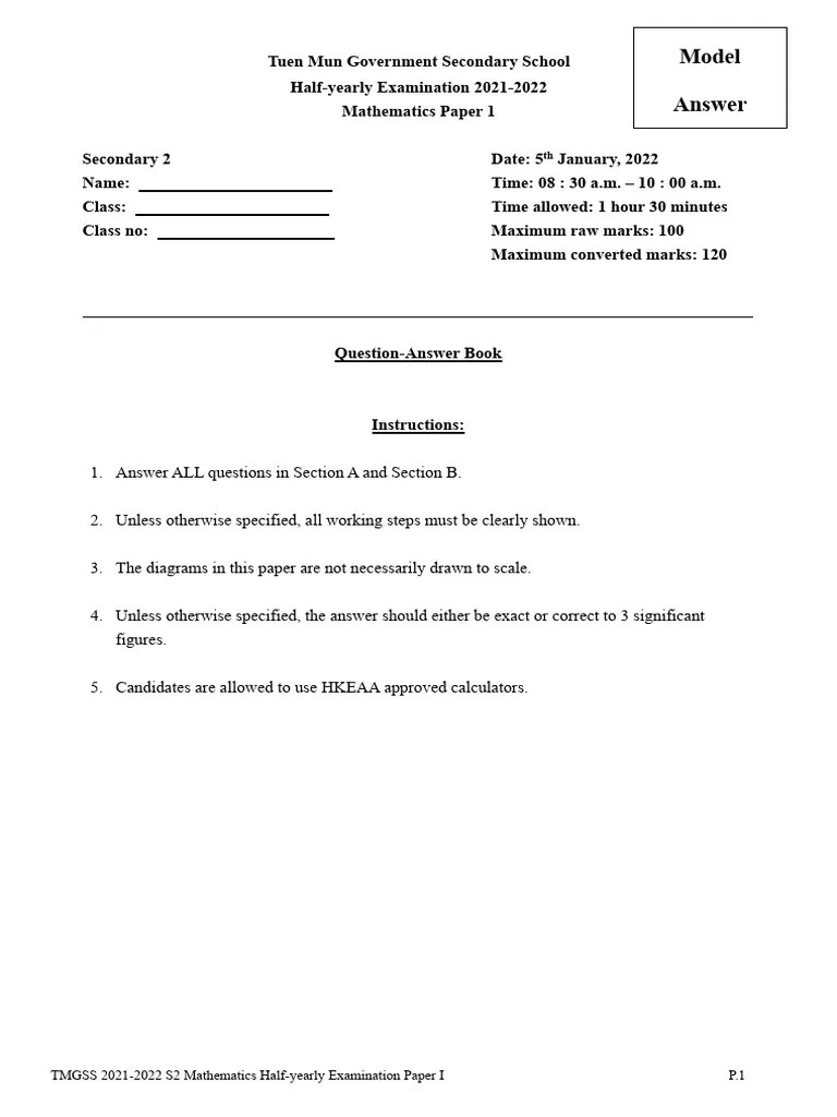 Tmgss 2021 2022 S2 Math Exam Paper I Pdf Mathematics