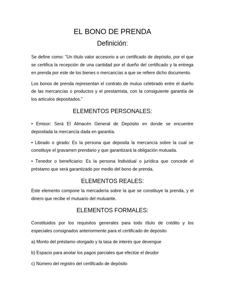 Definición Y Elementos Del Bono De Prenda Pdf Servicios Financieros