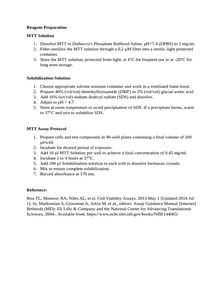 Mtt Assay Reagent Preparation Guide Pdf