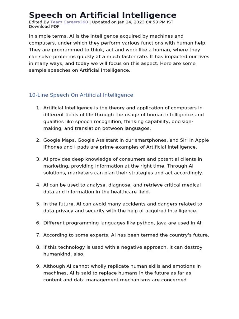 Speech On Artificial Intelligence Pdf Artificial Intelligence