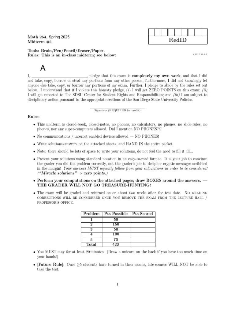 Math 254 Midterm 1 Version A 12 Copies Pdf Matrix Mathematics