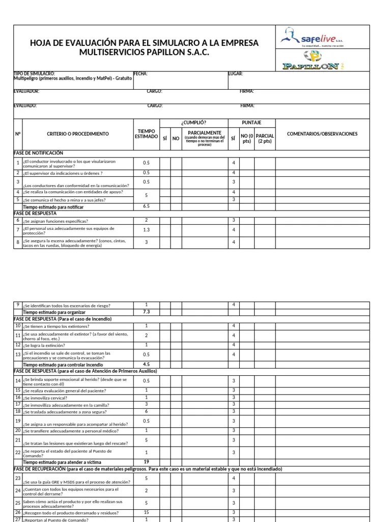 Hoja De Evaluación Para Simulacro De Papillon Pdf