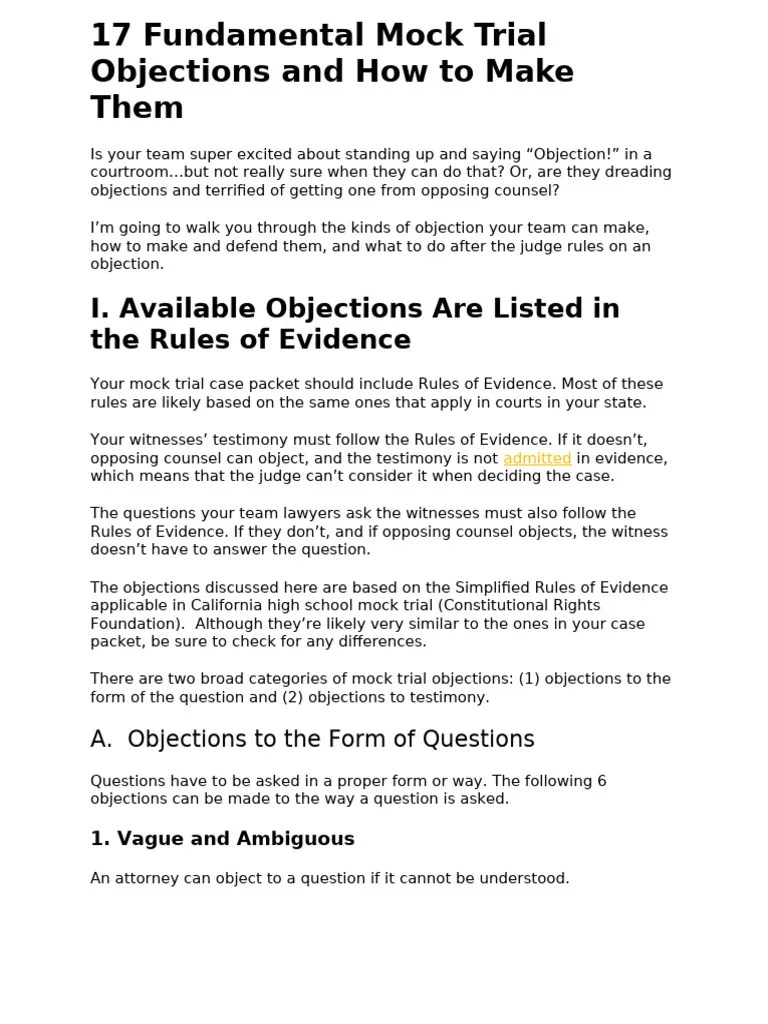 17 Key Mock Trial Objections Explained Pdf Relevance Law Witness