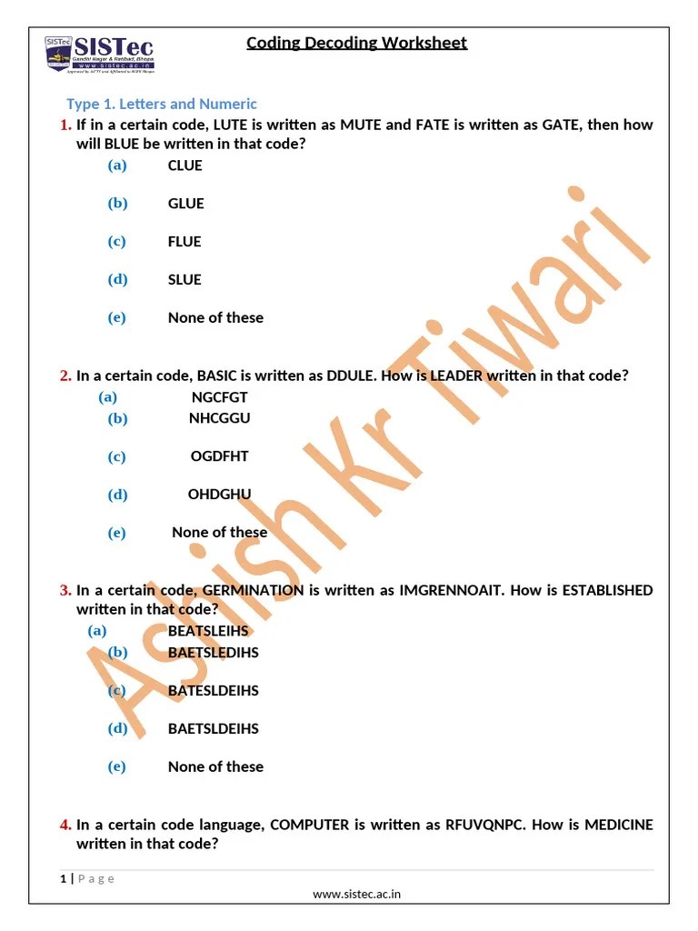 Coding Decoding Worksheet Pdf Writing Implements
