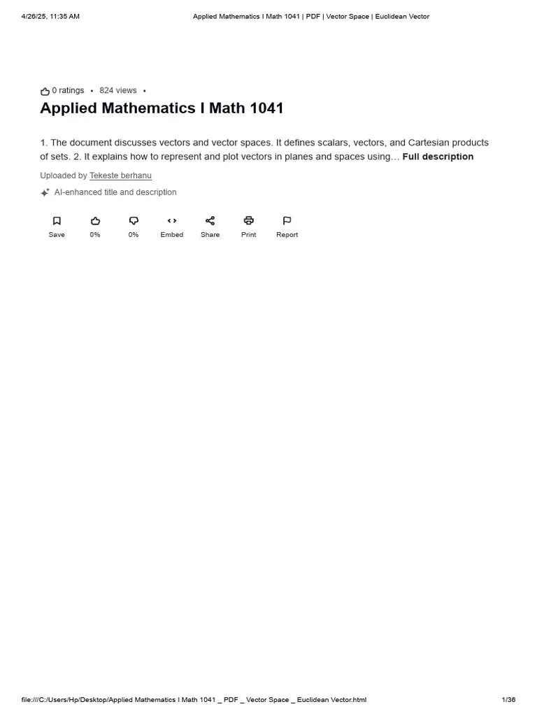 Applied Mathematics I Math 1041 Pdf Vector Space Euclidean Vector