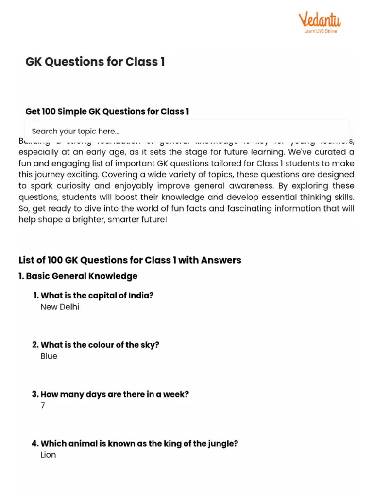 Gk Questions For Class 1 Pdf