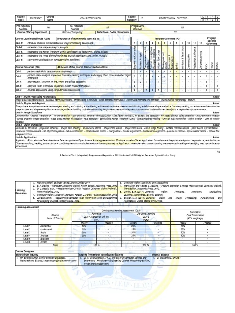 Computer Vision Syllabus Pdf Computer Vision Shape