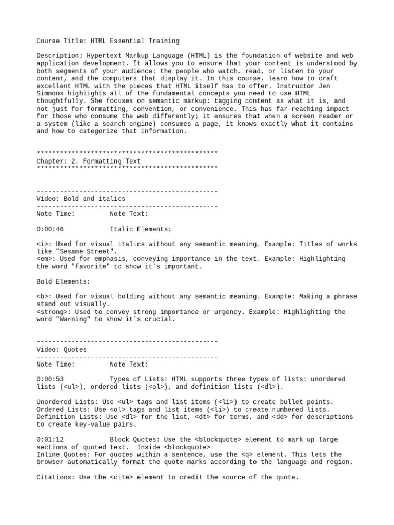 Coursenotes Html Essential Training Pdf Html World Wide Web