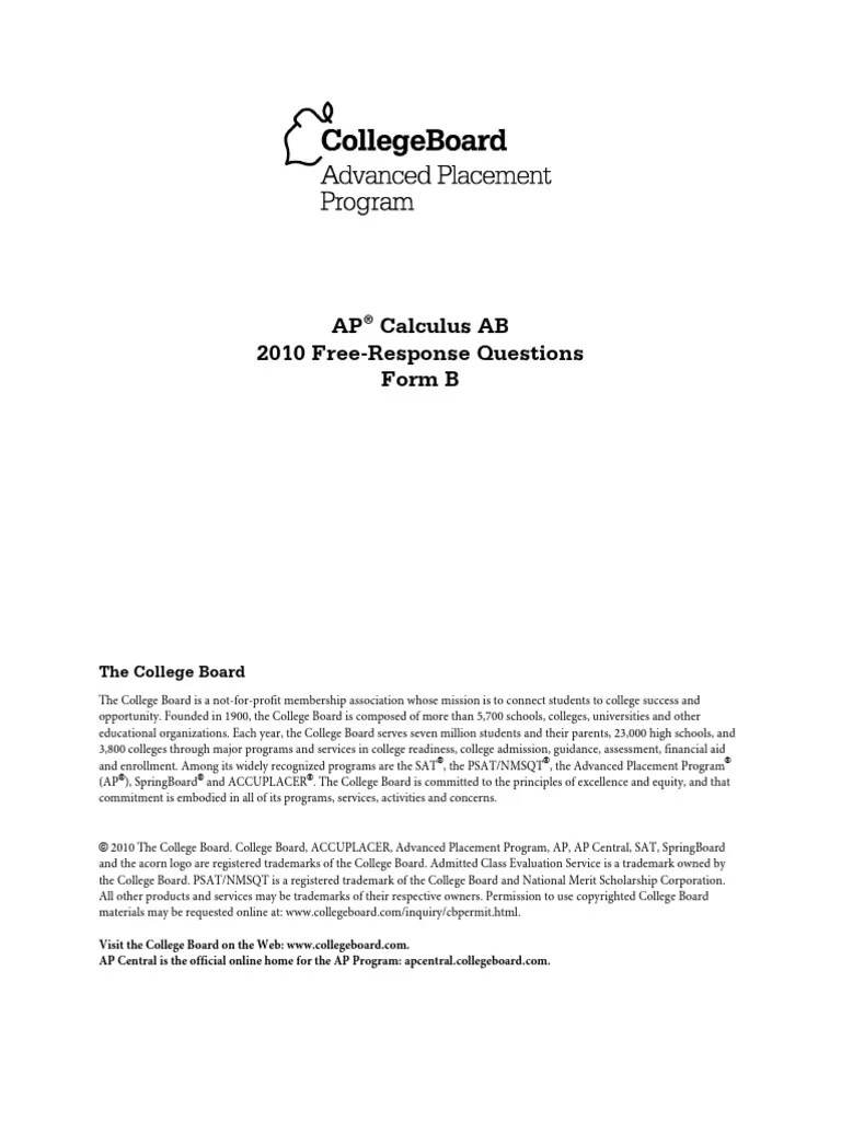 2010 Ap Calculus Ab Free Response Form B Pdf Tangent Mathematical