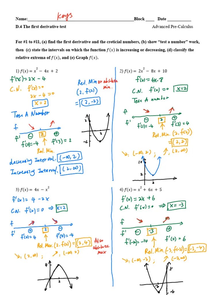 Worksheet D 4 The First Derivative Test Answer Key Pdf Mathematics