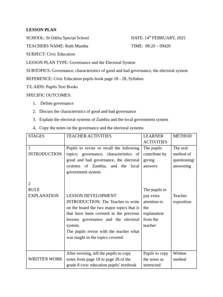 Civic Education Lesson Plan 14th Pdf Teachers Lesson Plan