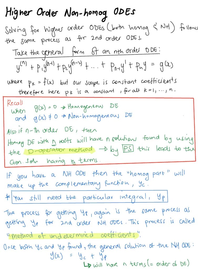 Lecture Notes 4 Higher Order Non Homogeneous Odes Pdf