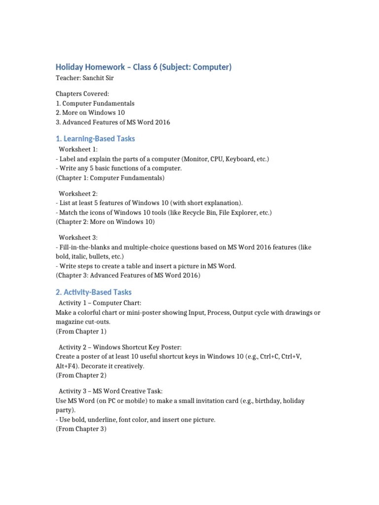 Class 6 Computer Holiday Homework Pdf