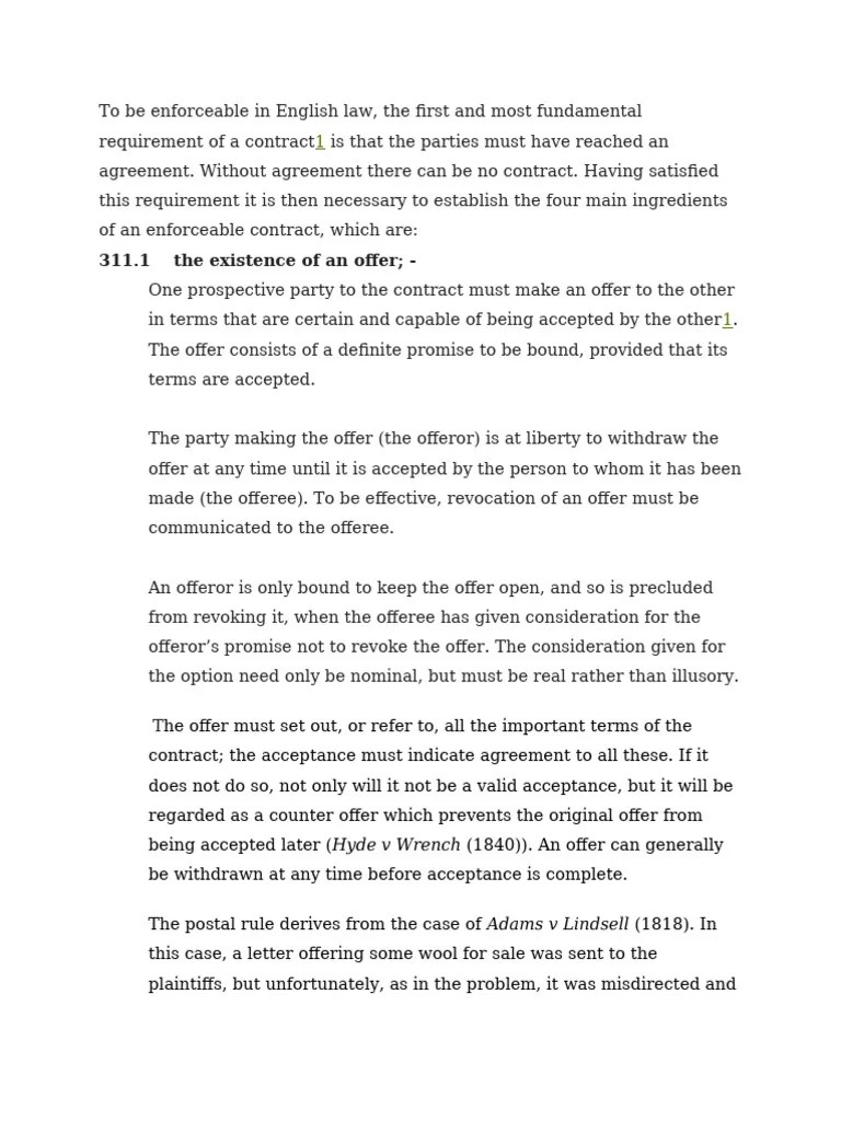 Elements Of A Valid Contract Pdf Offer And Acceptance Consideration