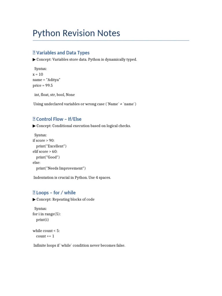 Python Revision Notes Pdf