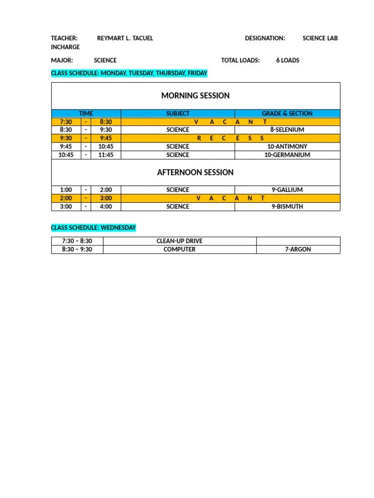 Class Schedule Pdf