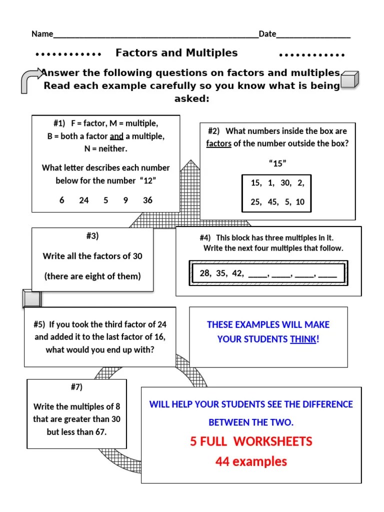 5 Full Worksheets 44 Examples Factors And Multiples Pdf