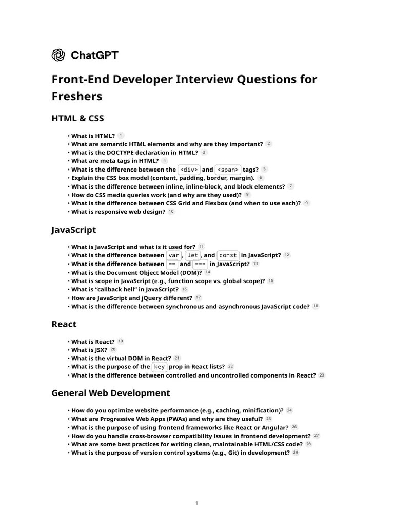 Front End Developer Interview Questions For Freshers Pdf Html