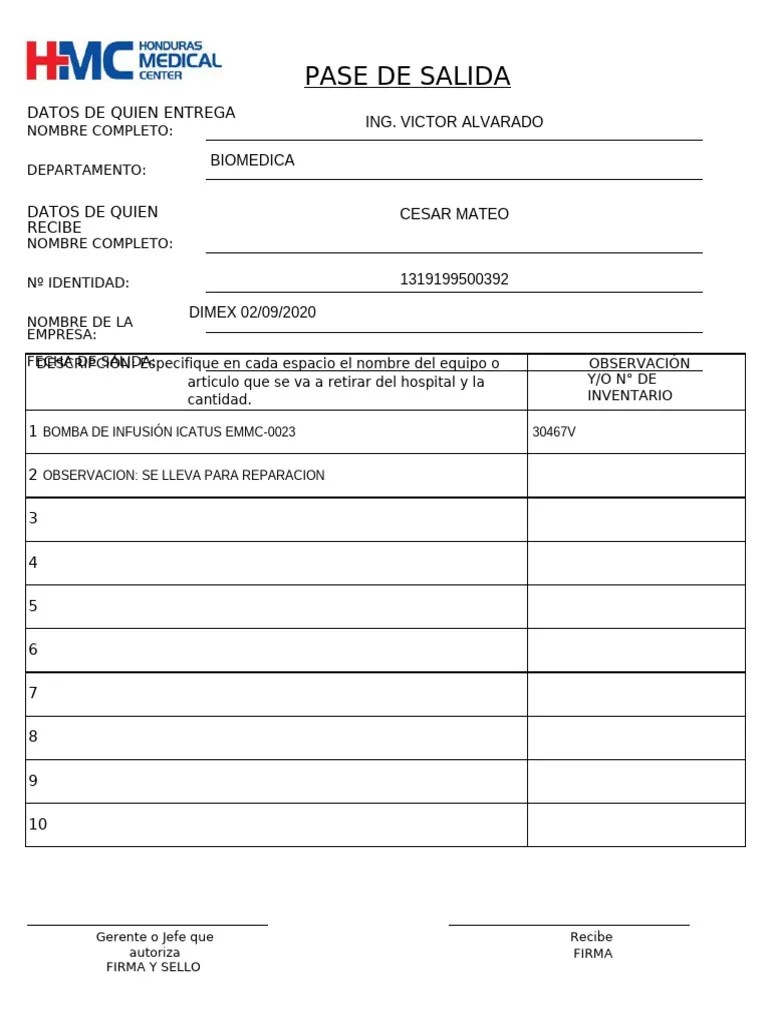 Pase De Salida De Equipo Médico Pdf