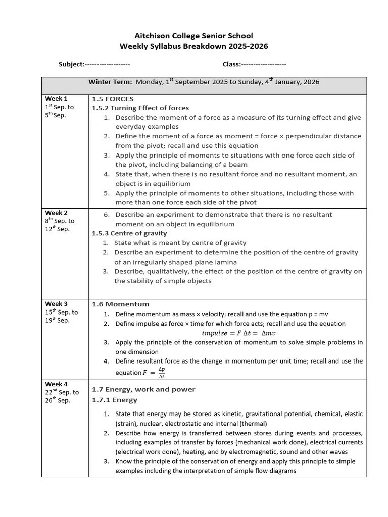 C1 Physics Weekly Syllabus Breakdown 2025 26 Pdf Gases Waves