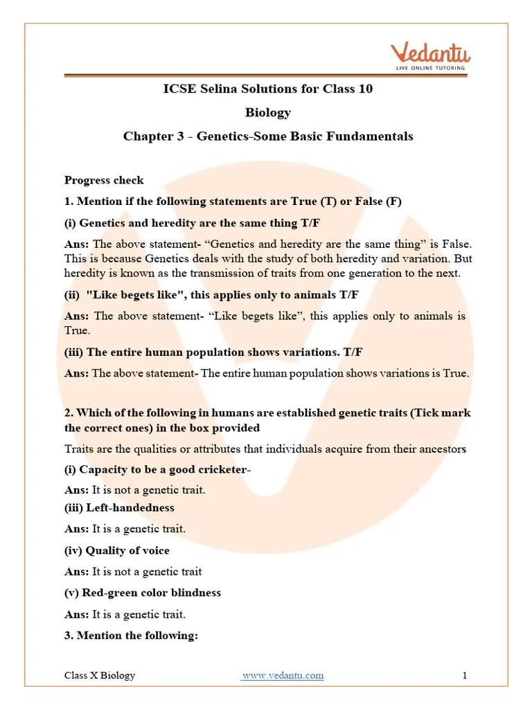 Selina Concise Biology Class 10 Icse Solutions For Chapter 3 Genetics