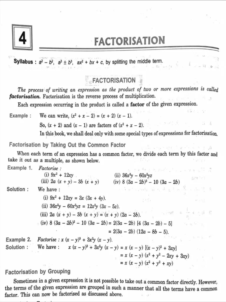 Chapter 4 Factorisation Pdf