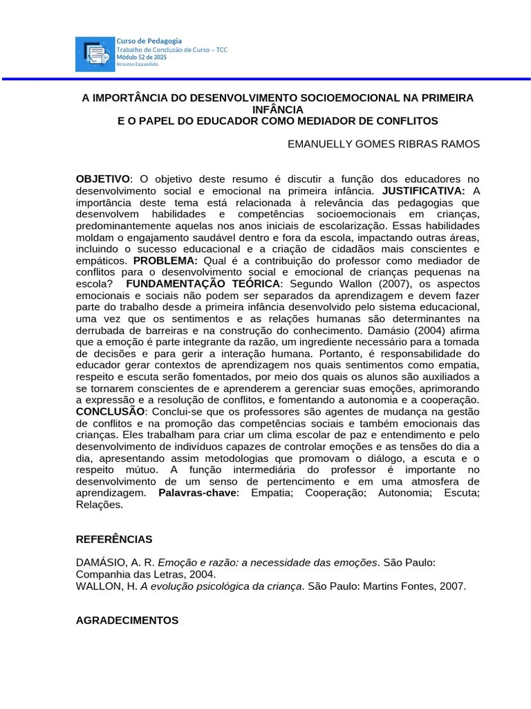Tcc Pedagogia Resumo Expandido Pdf Emoções Aprendizado