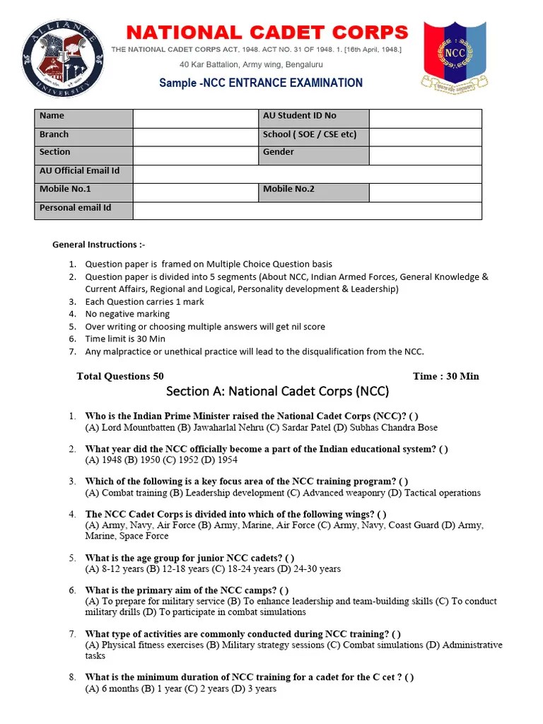 Ncc Entrance Exam Sample Questions Pdf Communication Nonverbal