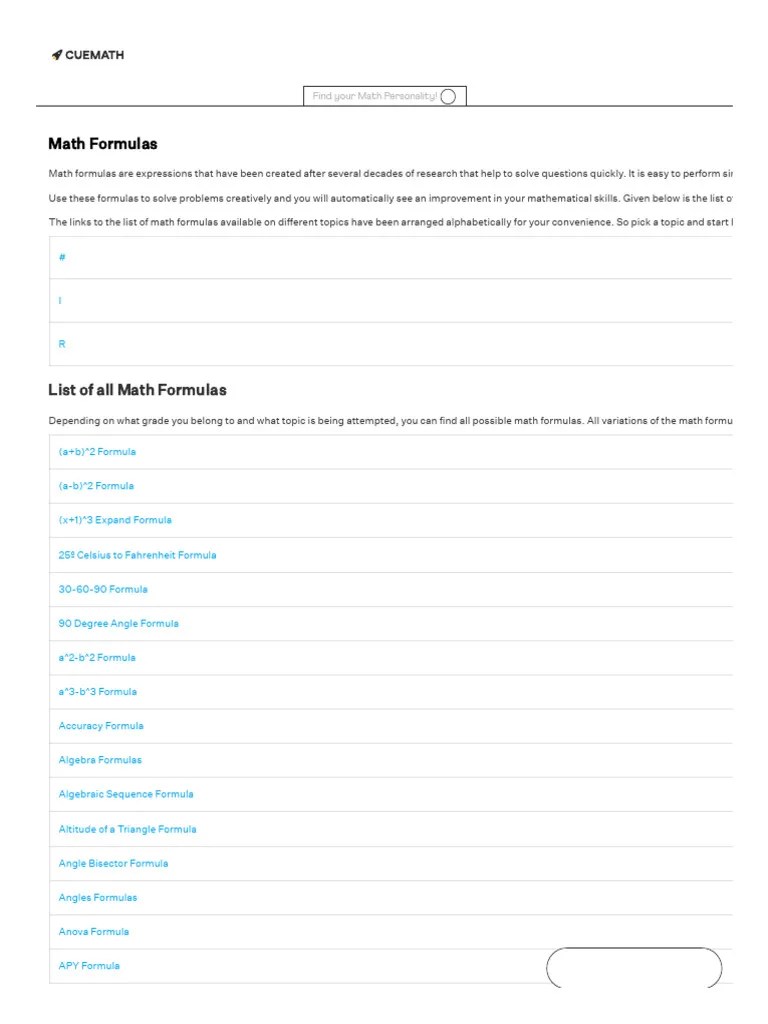 Math Formulas Examples Derivation List Of Math Formulas Pdf