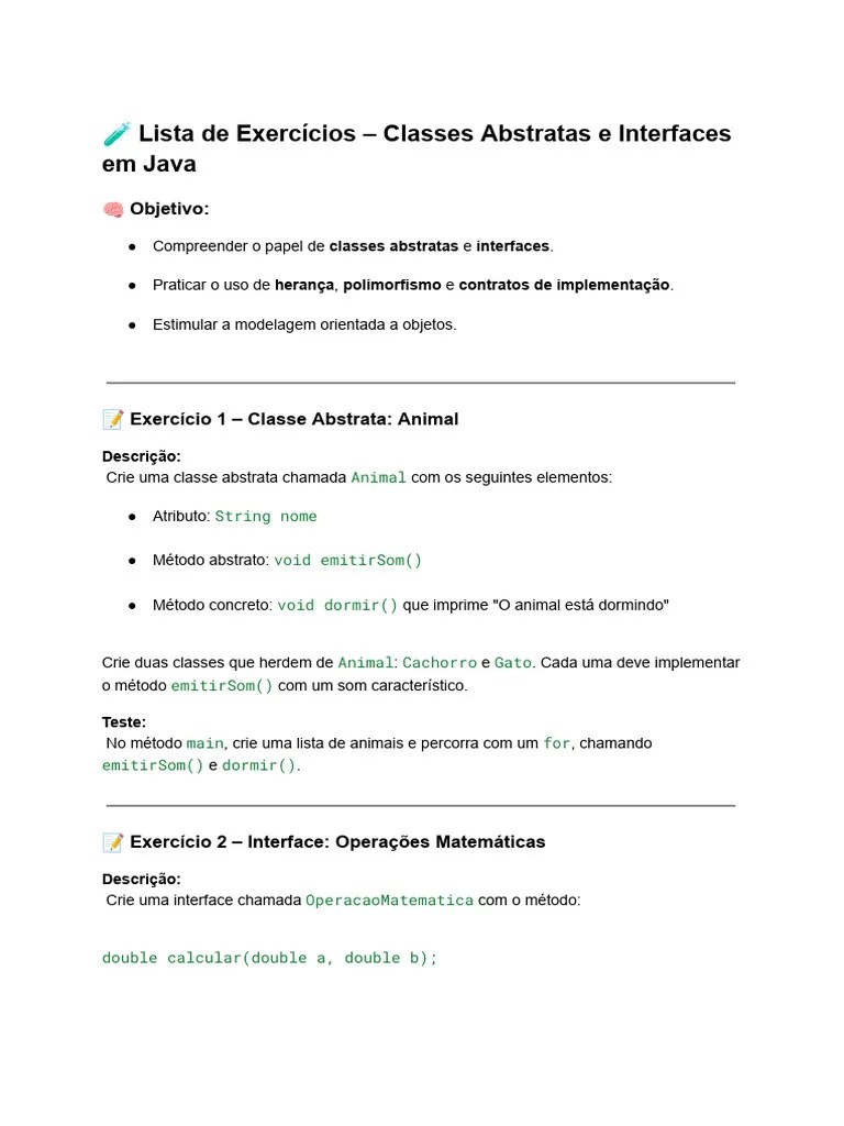 Lista De Exercícios Classes Abstratas E Interfaces Em Java Pdf