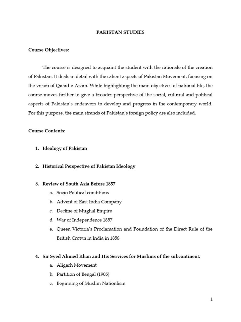 I Course Outline Pakistan Studies Pdf Pakistan Two Nation Theory