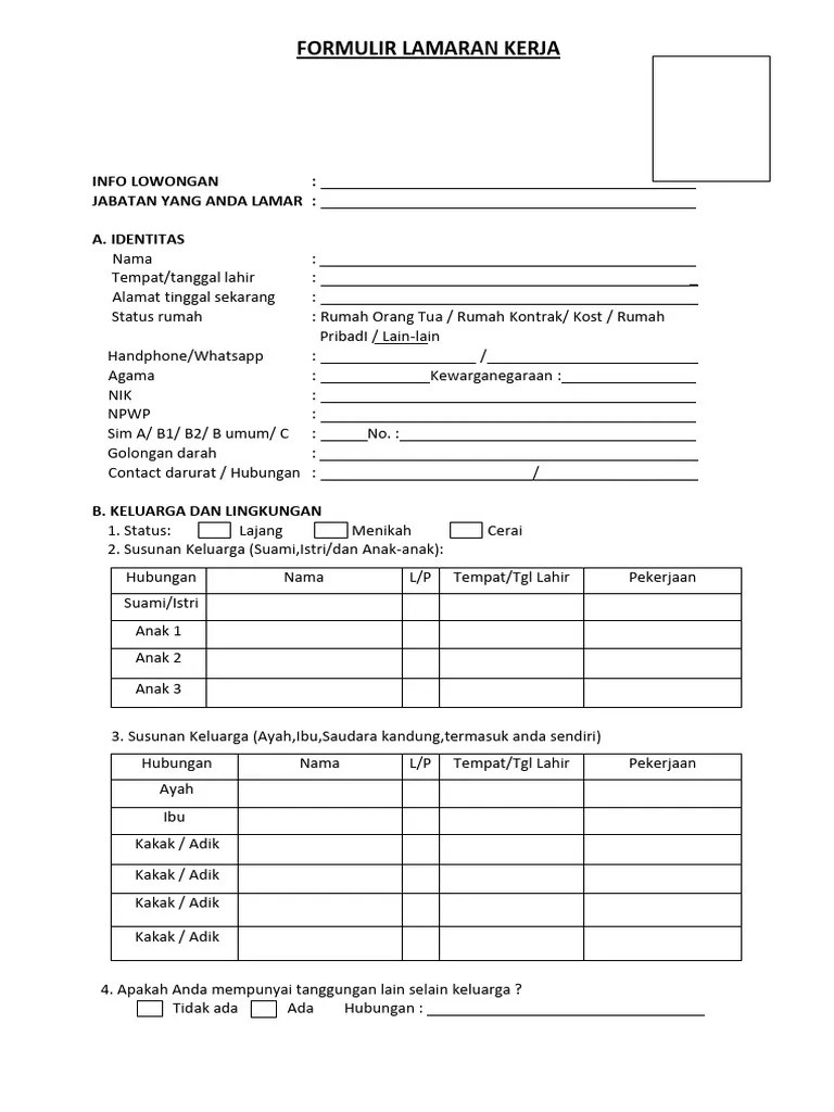 Formulir Lamaran Kerja Pdf