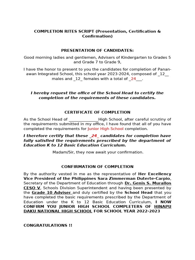 Completion Rites Script Sy 2022 2023 Sample Pdf