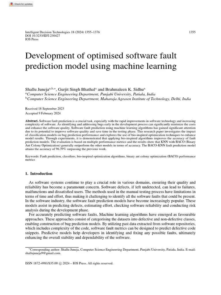 Juneja Et Al 2024 Development Of Optimised Software Fault Prediction